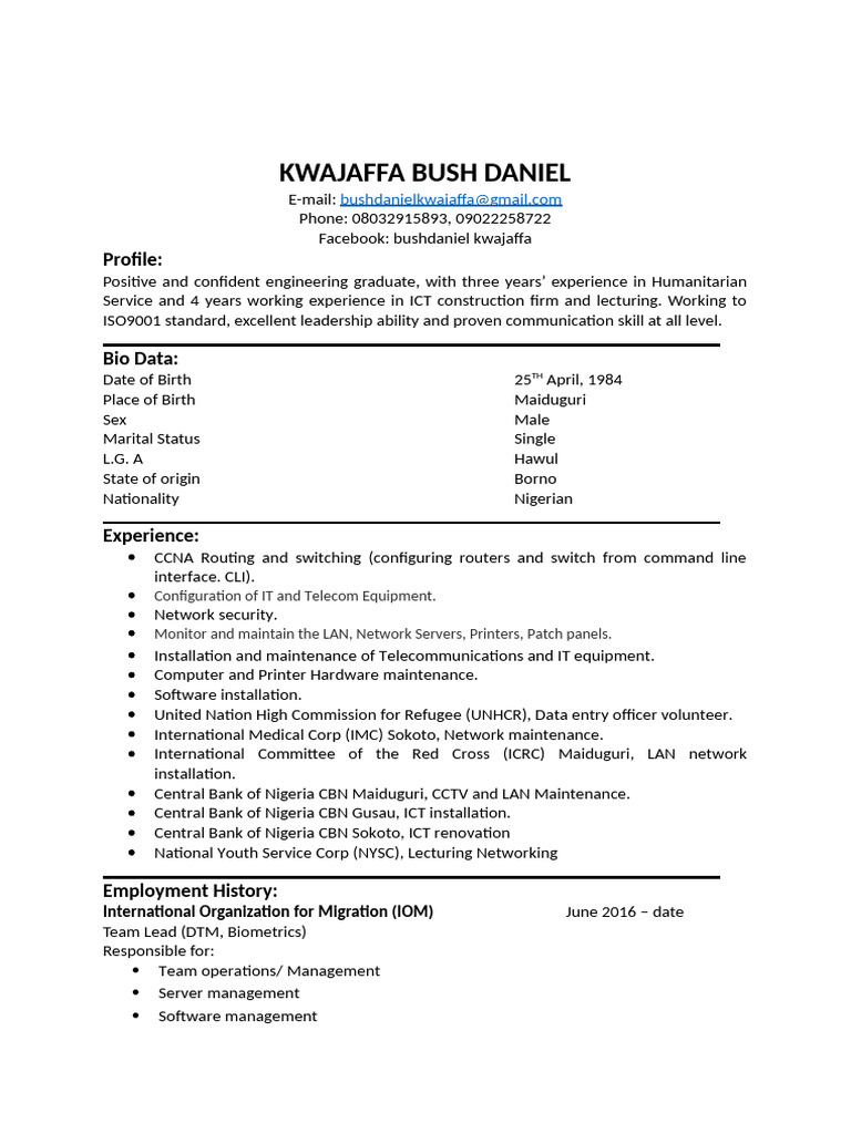 Bush Daniel Kwajaffa CV Ict | PDF | Computer Network | Cisco Certifications