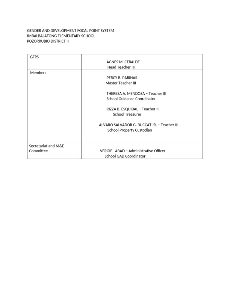 Gender and Development Focal Point System Ies | PDF