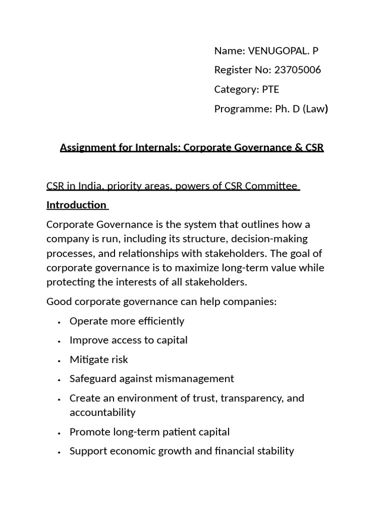 Corporate Governace & CSR - Assignment Paper | PDF | Corporate Social Responsibility | Governance
