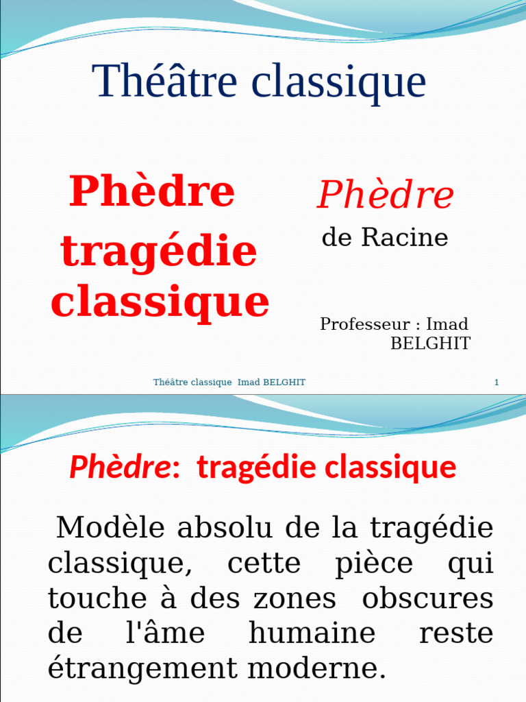 Présentation Phèdre Tragédie Classique | PDF | Jean Racine | Tragédie