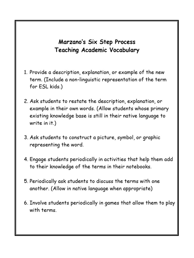 Six_Step_Process Teaching Academic Vocabulary- Marzano(2) | PDF ...