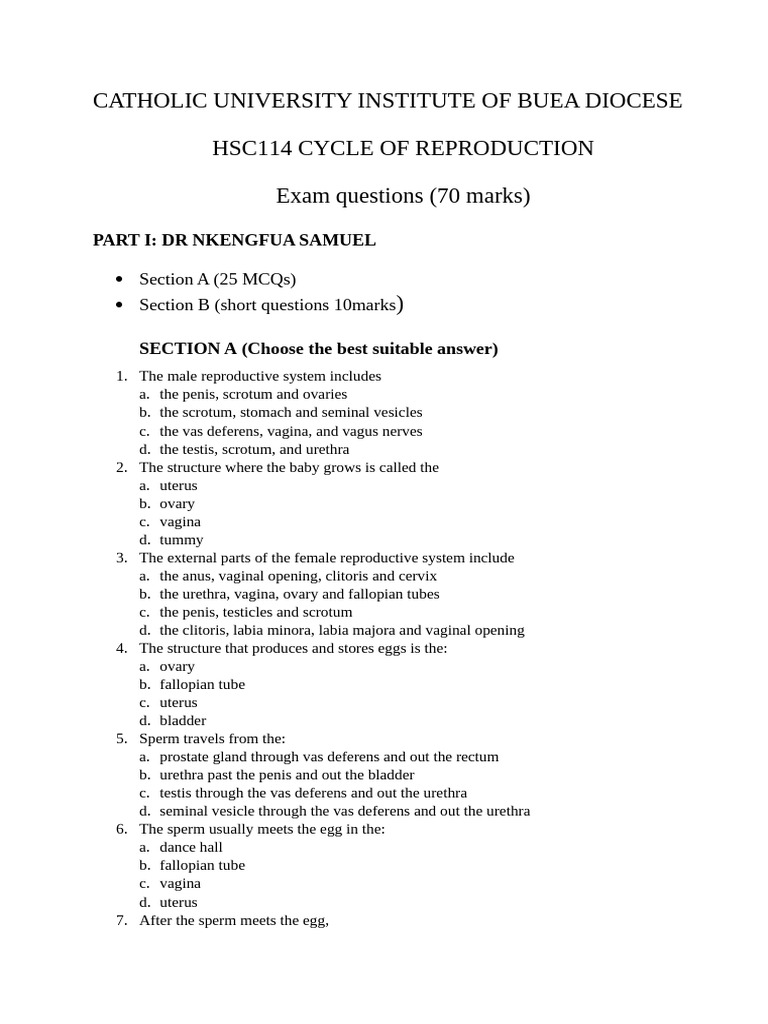Reproductive System Exam Questions | PDF | Uterus | Reproductive System