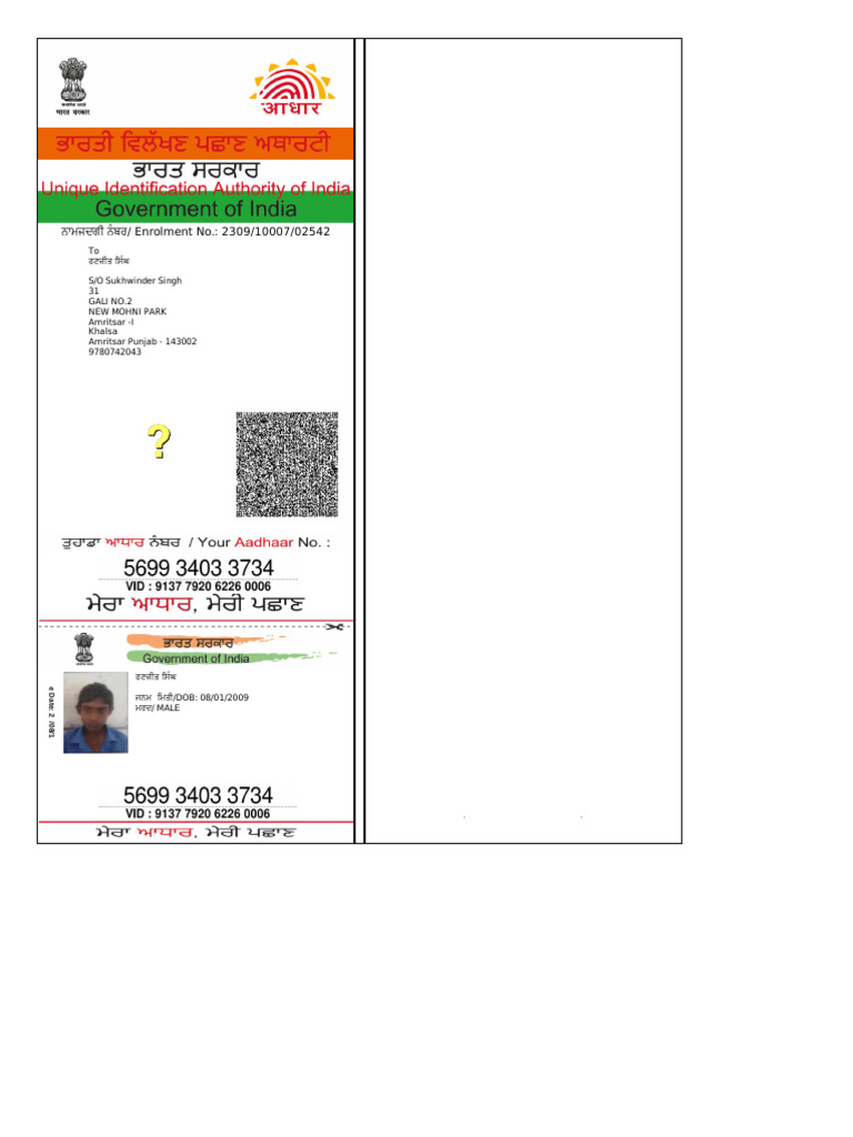 Aadhar Card Ranjit Singh | PDF