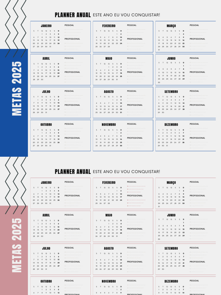 Calendário Anual Planner Metas Ano Novo Gráfico Azul Documento A4 | PDF