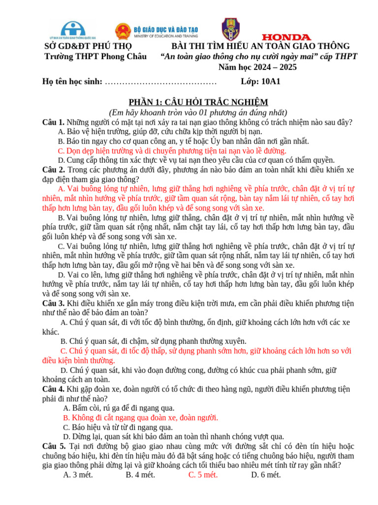 Bai Thi ATGT Hs THPT 2024 2025 | PDF