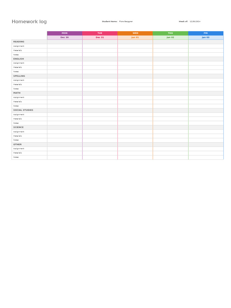 Weekly Homework Log for Flora Berggren | PDF