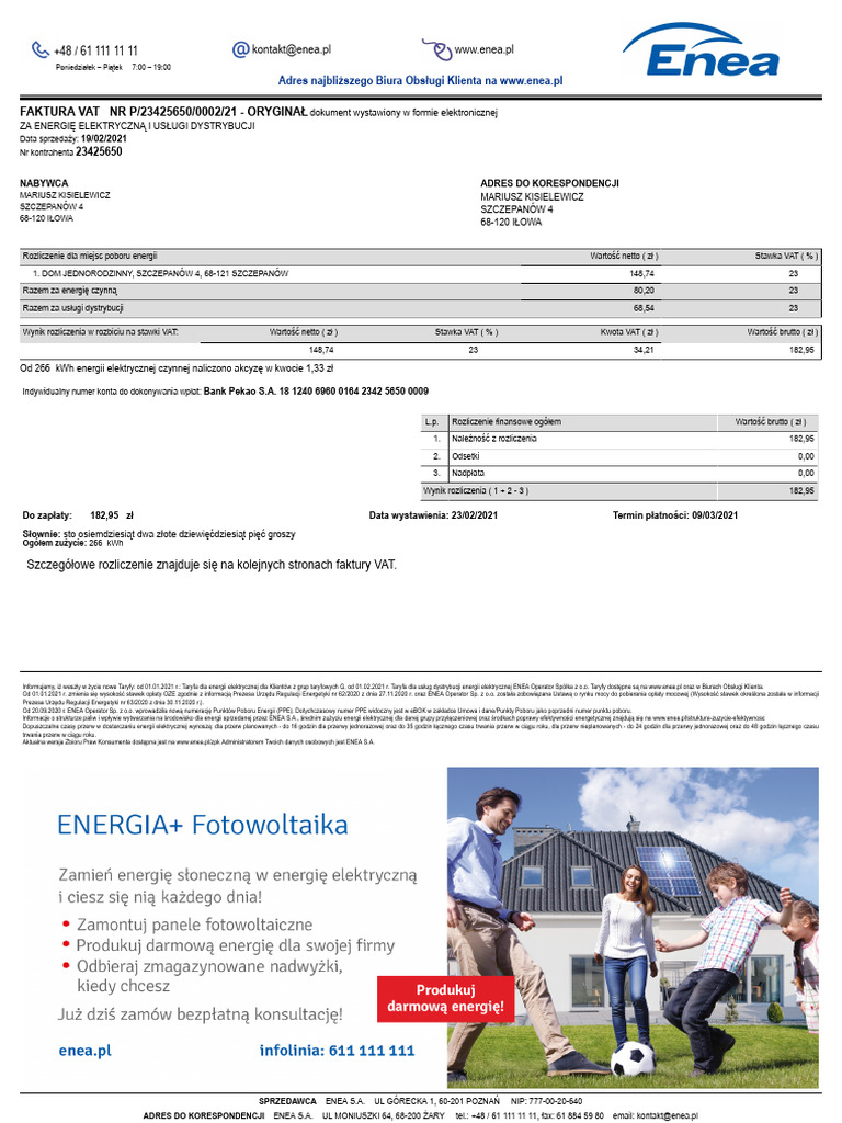 FAKTURA VAT NR P/23425650/0002/21 - ORYGINAŁ: Adres Najbliższego Biura Obsługi Klienta Na WWW ...