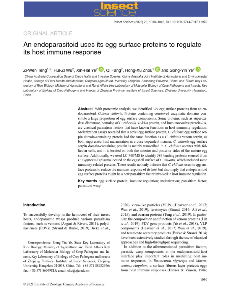 Insect Science - 2021 - Teng - An Endoparasitoid Uses Its Egg Surface ...