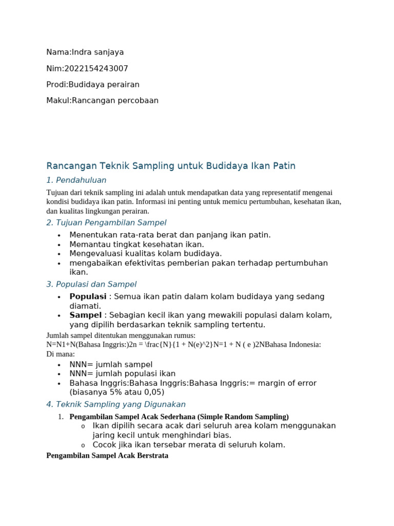 Rancangan Teknik Sampling Rancangan Teknik Sampling Budidaya Ikan Patin | PDF