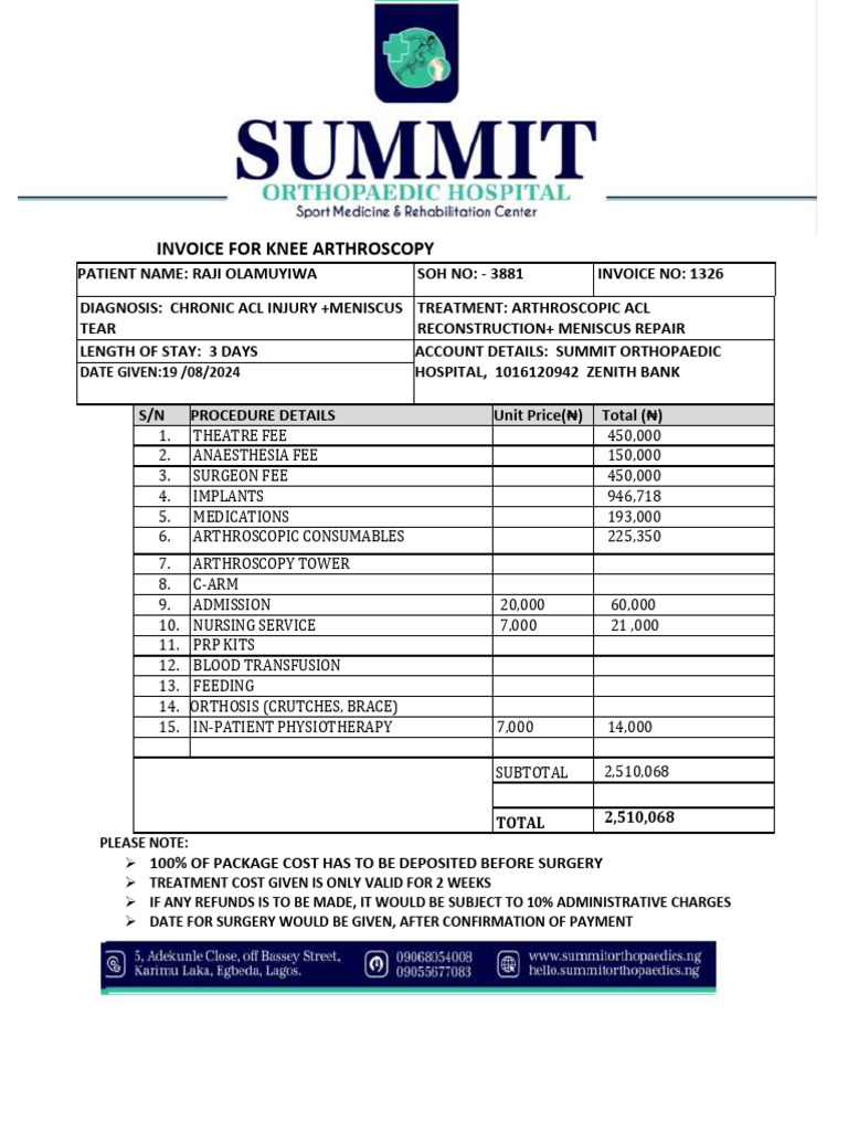 Invoice For Knee Arthroscopy - Raji Olamuyiwa-2 | PDF
