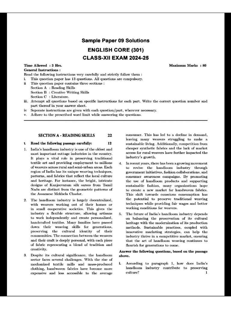 English Sample Paper 9 | PDF