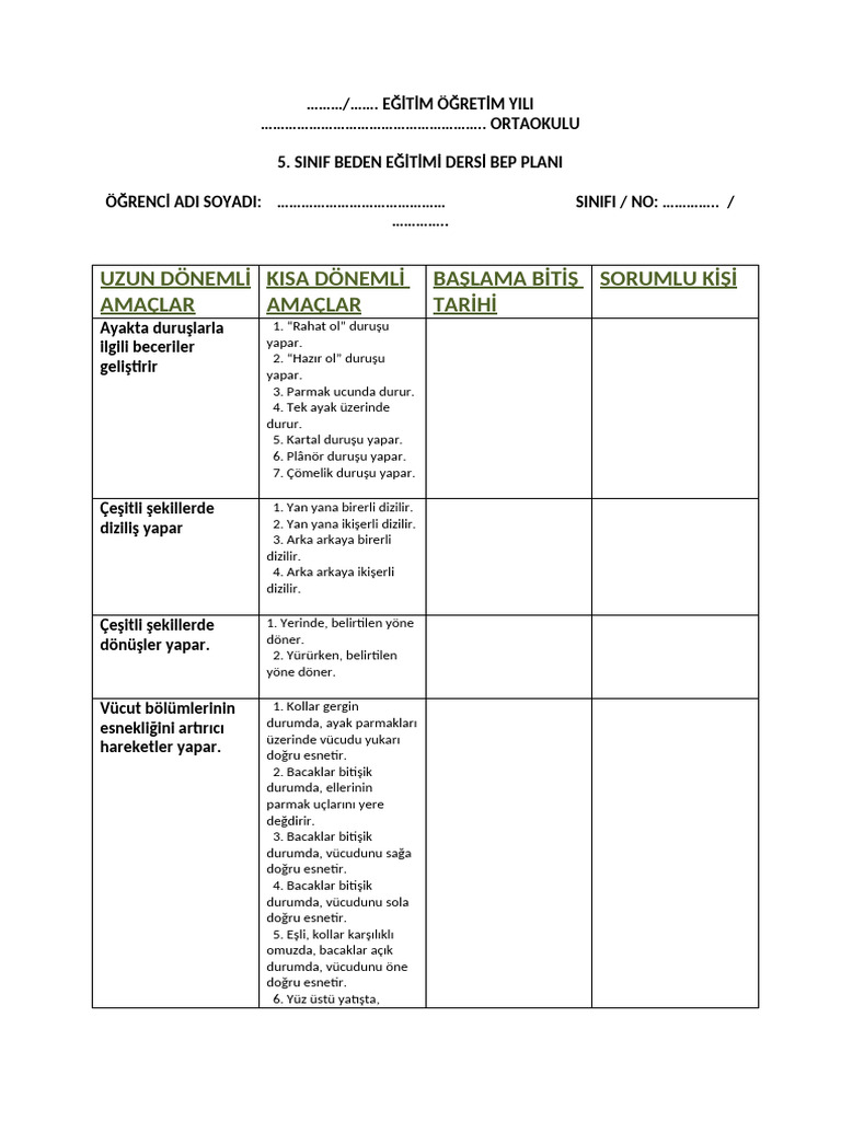 5.sinif Beden Egitimi BEP Plani | PDF