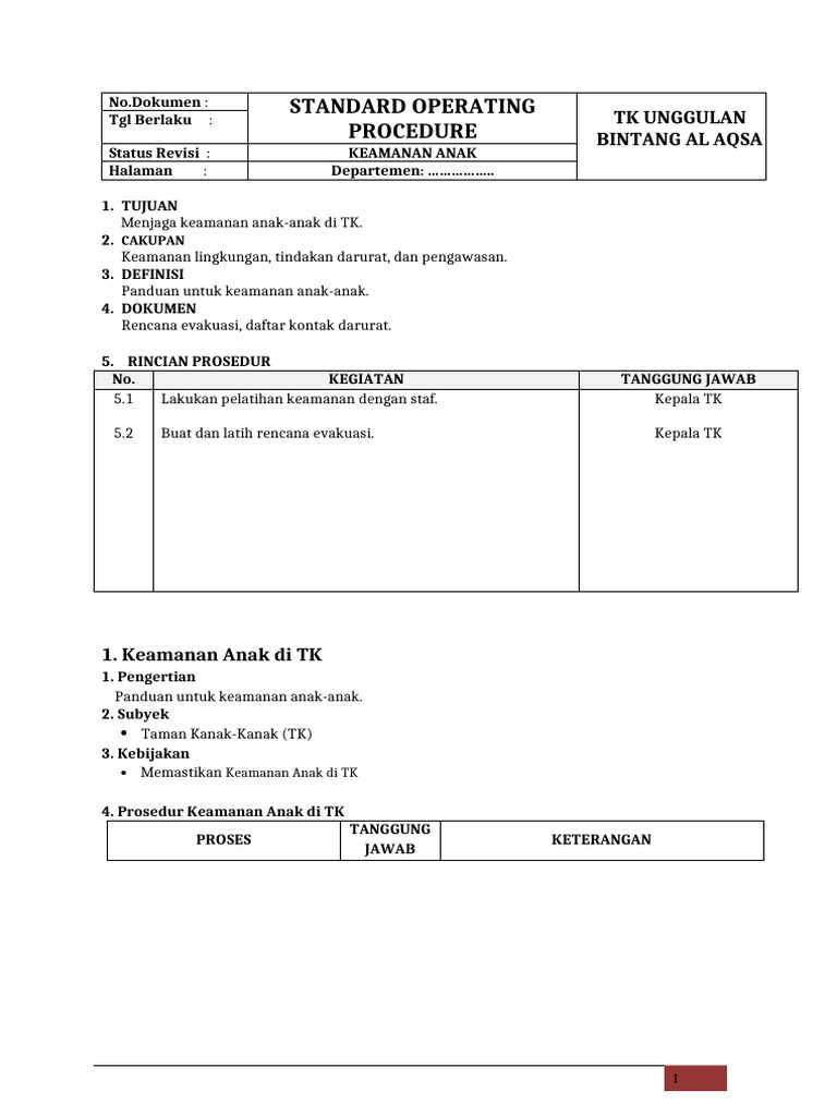 Sop Keamanan Anak Di TK | PDF