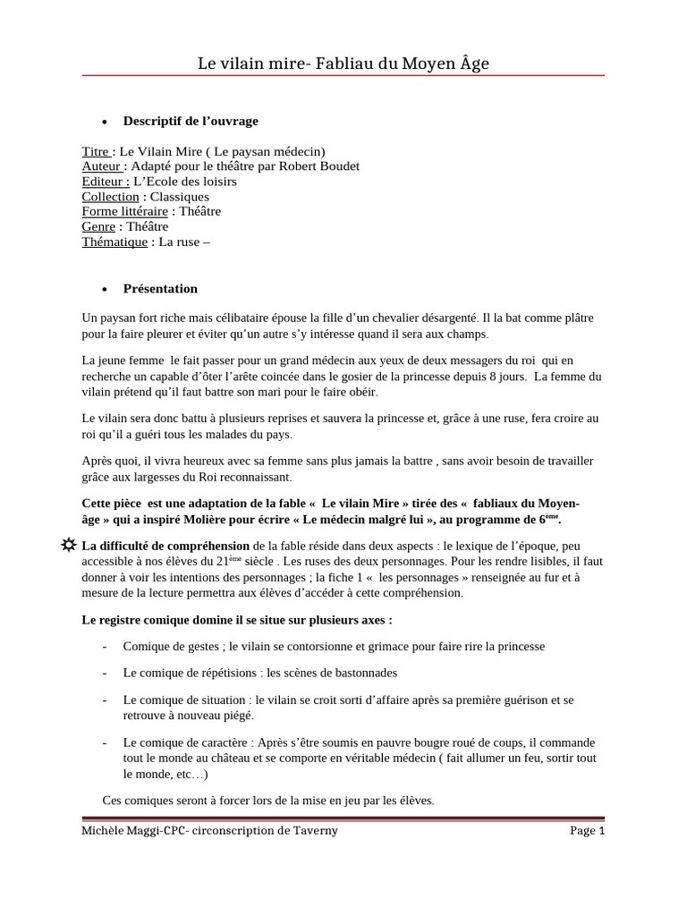 Le Vilain Mire : Fabliau Théâtral Médieval | PDF