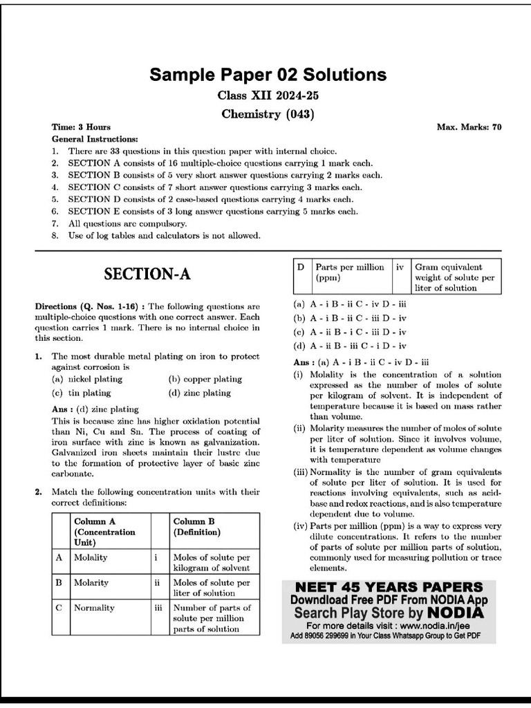 Chemistry Sample Paper 2 | PDF