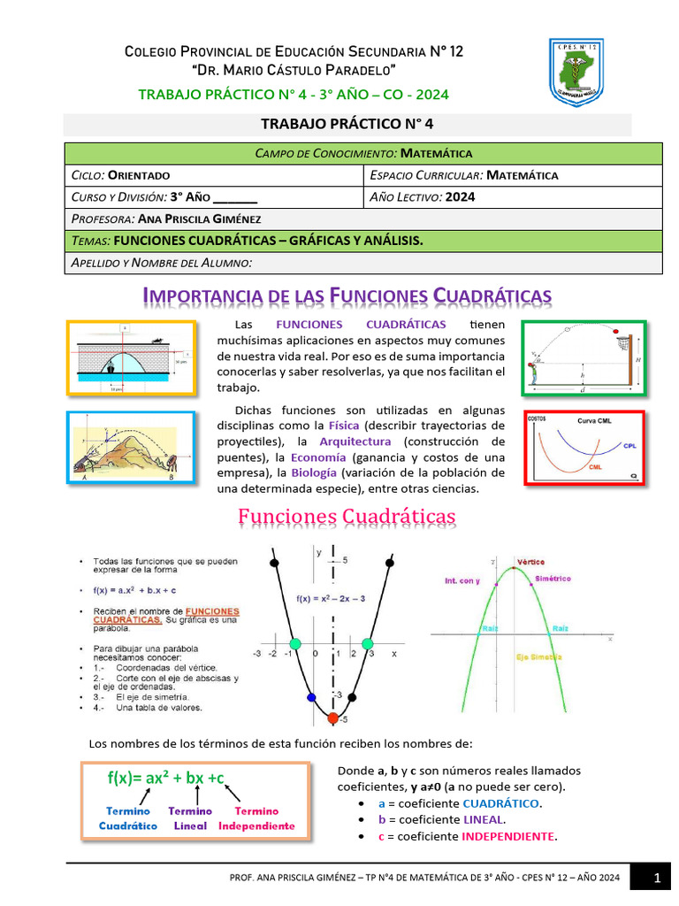 TP4 - 3° Año - Función Cuadrática - Matemática 2024 | PDF | Matemáticas