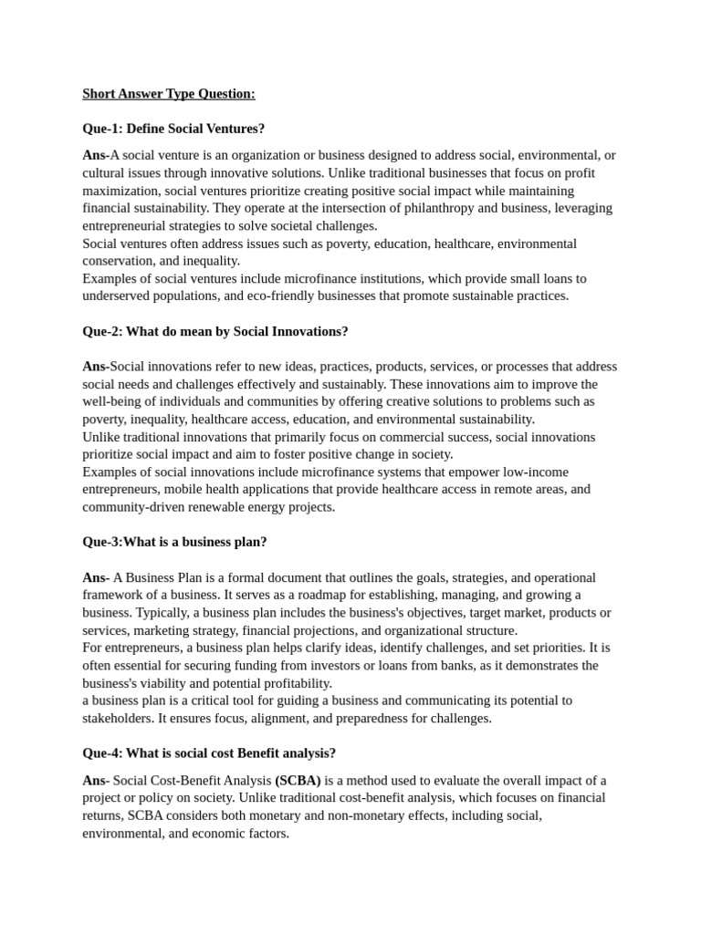 Unit 5 PME Short and Long Question Answer | PDF | Entrepreneurship | Social Entrepreneurship