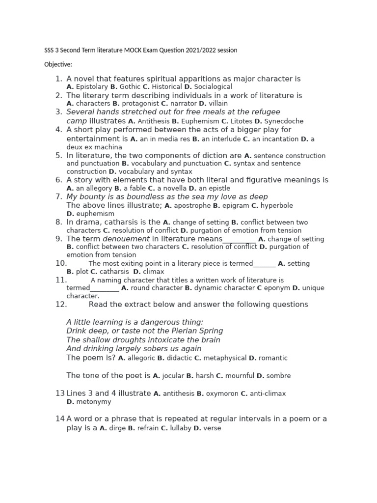 SSS 3 Second Term Literature MOCK Exam Question | PDF