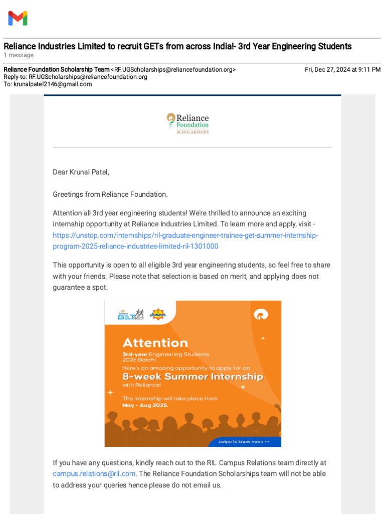 Gmail - Reliance Industries Limited To Recruit GETs From Across India ...