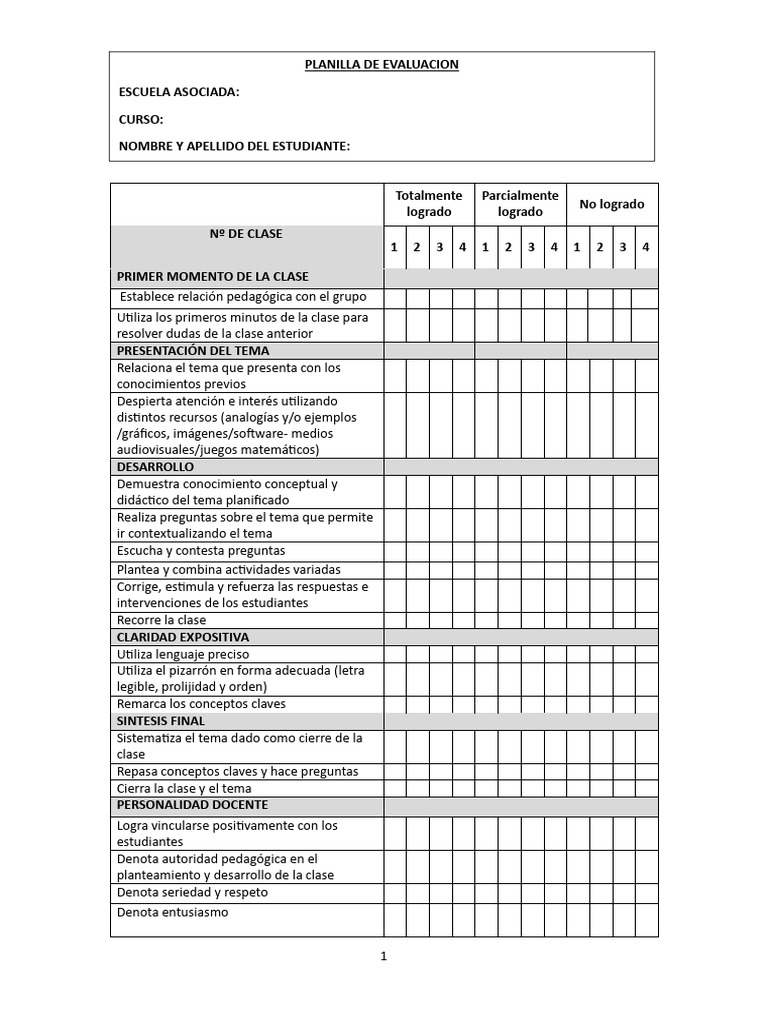 Planilla De Observaciòn De Clase Pdf Cognición Aprendizaje