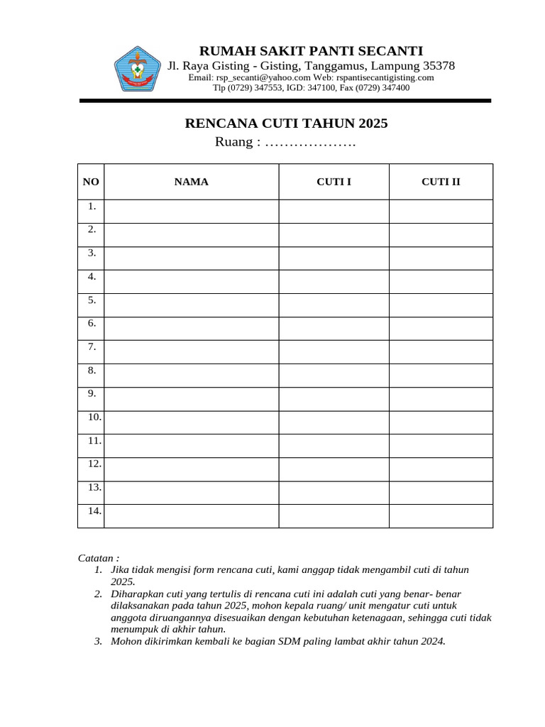 Rencana Cuti Tahun 2025 Rumah Sakit Panti Secanti | PDF