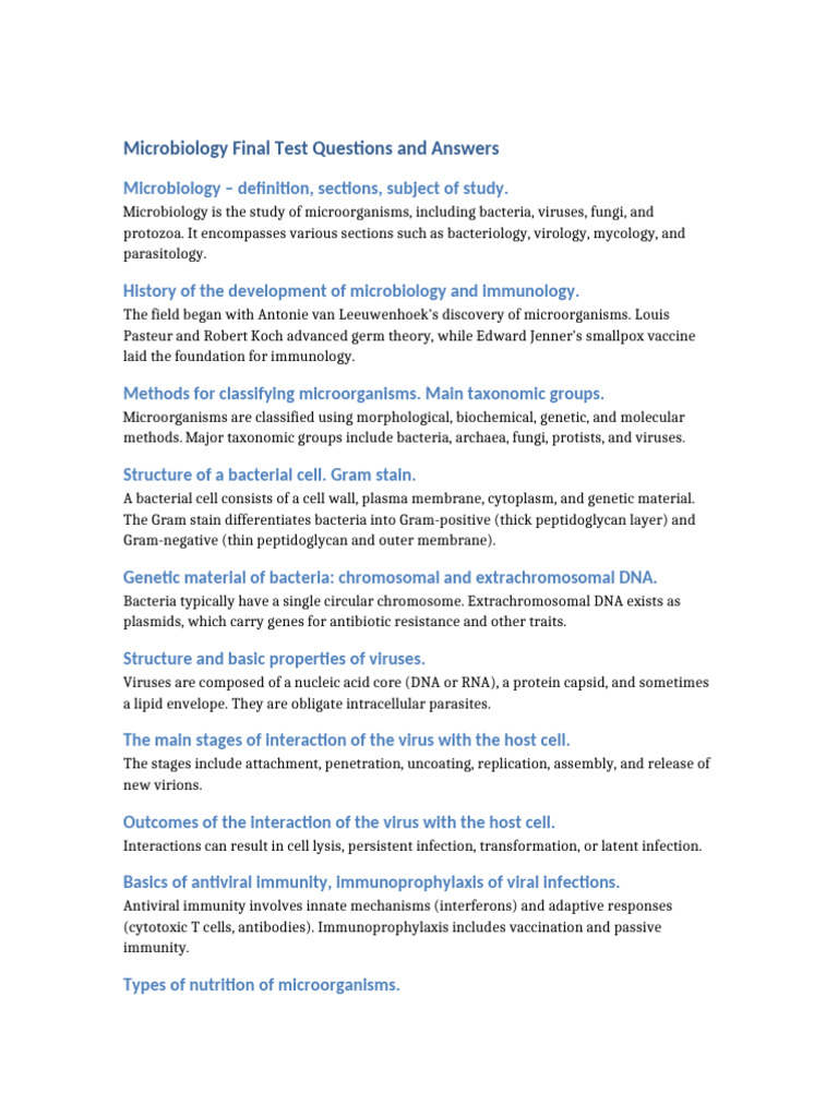 Microbiology Final Test Answers | PDF | Immune System | Virus