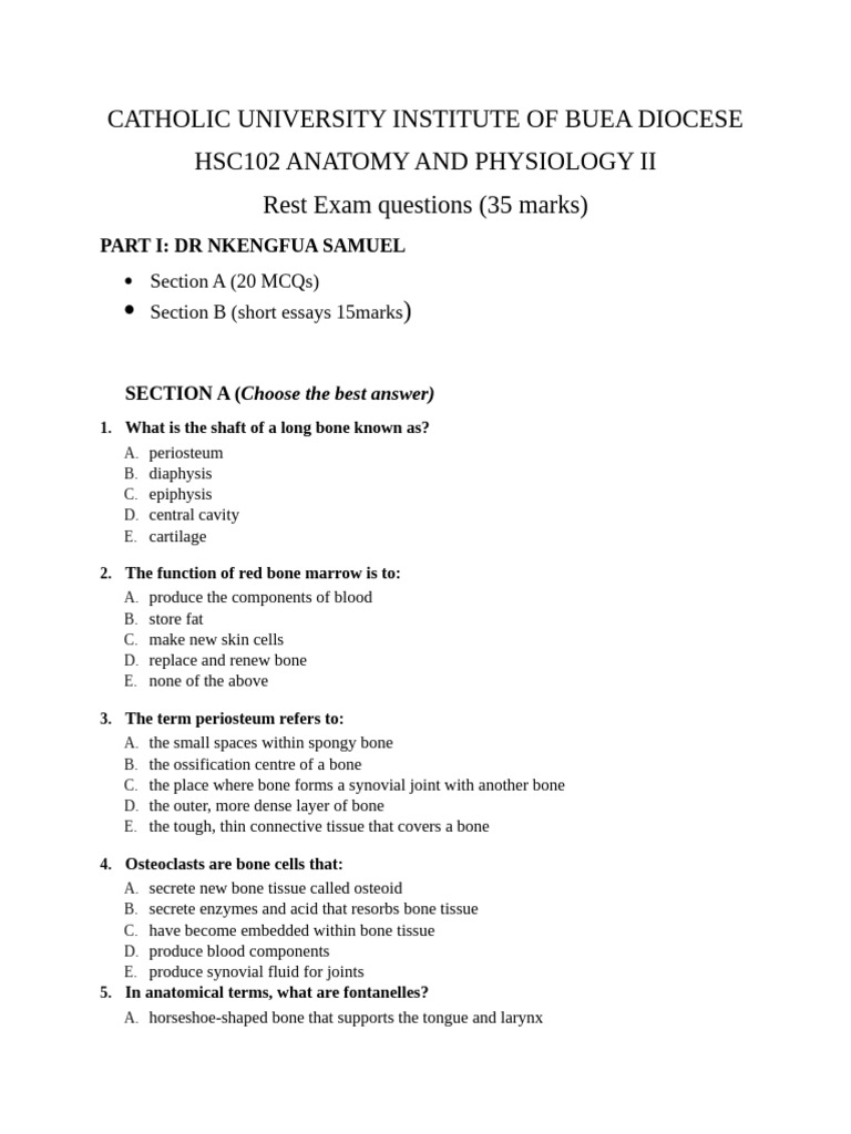 4 Resit Exam Anatomy Physiology II Hsc102 | PDF | Endocrine System | Bone