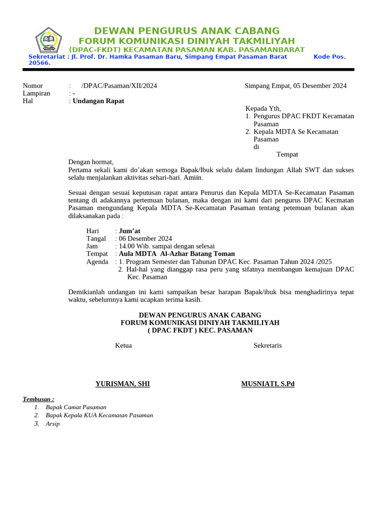 Surat Undangan Dpac FKDT Kec. Pasaman | PDF