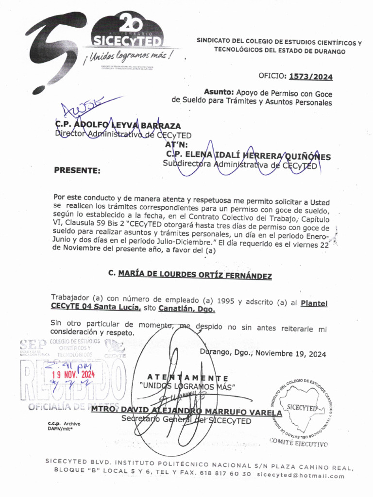 Maria de Lourdes Ortiz Hernandez Acuse Permiso Con Goce 22 Nov | PDF