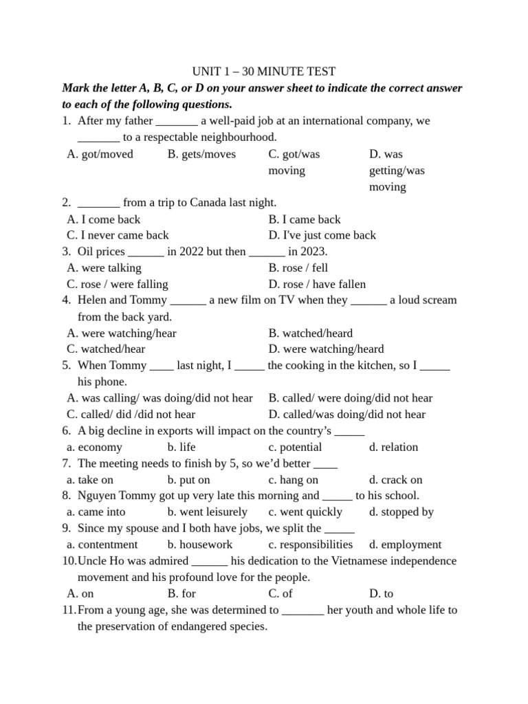 UNIT 1 - 30 Minute Test | PDF