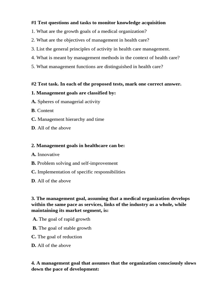 Healthcare Management Test Questions | PDF | Goal | Health Care