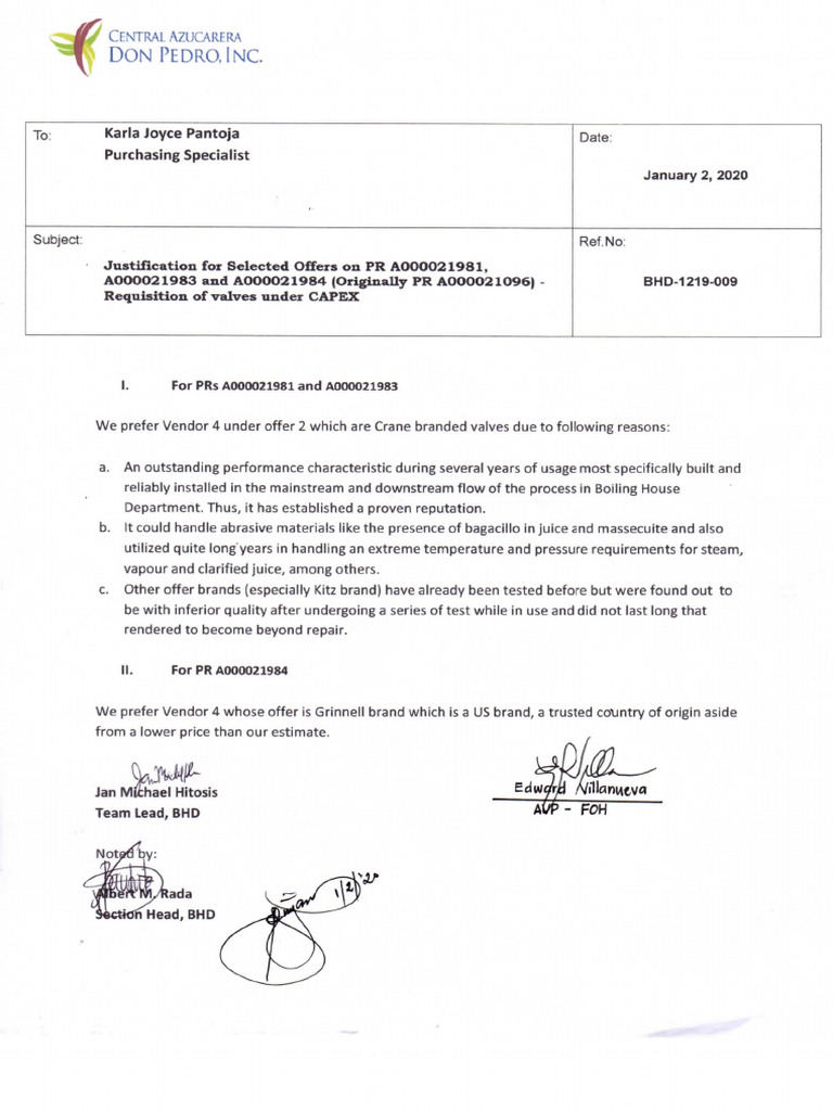 Sample Justification Letter (Valves) | PDF
