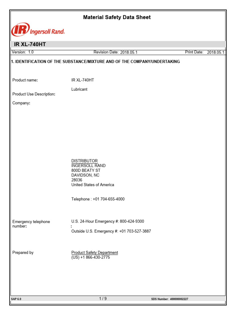 SDS for IR XL-740HT Engine Oil | PDF | Dangerous Goods | Personal ...