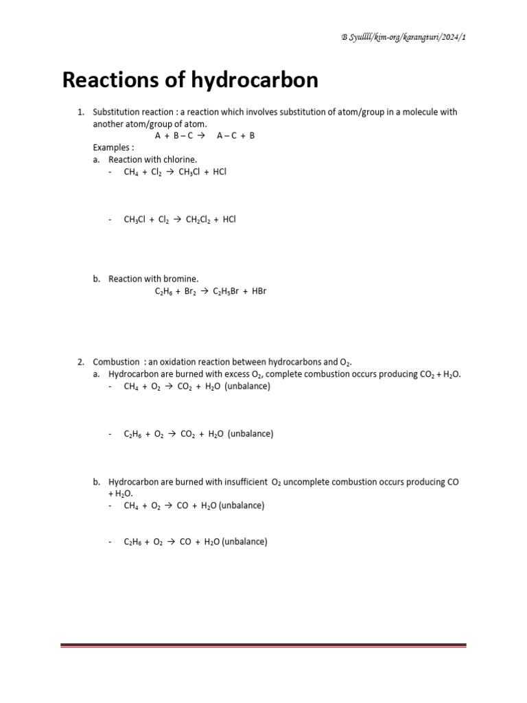 Hydrocarbon Reaction Types Explained | PDF | Alkene | Chemical Reactions