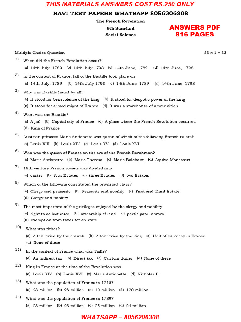 9TH SST Full Questions | PDF | French Revolution | France