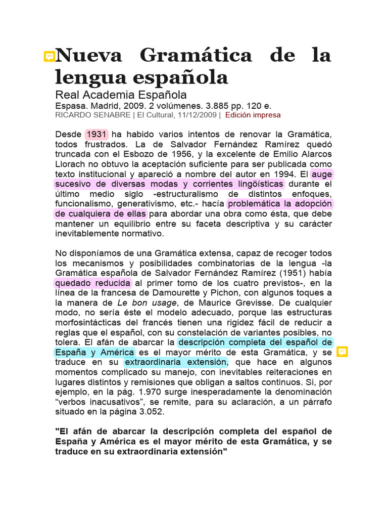 Nueva Gramática de La Lengua Española - Reseña de Ricardo Senabre en El ...