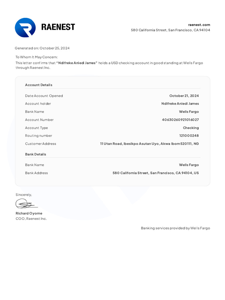 Ndifreke Aniedi USD Proof of Account | PDF