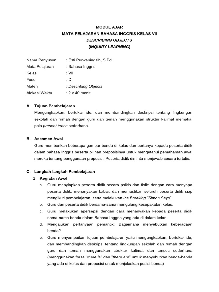 Esti Purwaningsih - Modul Ajar Inquiry Learning - Describing Objects Revisi | PDF