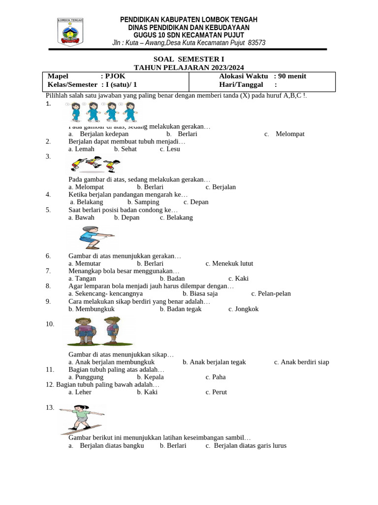 Soal PJOK Kelas 1 Sms 1 2024 | PDF