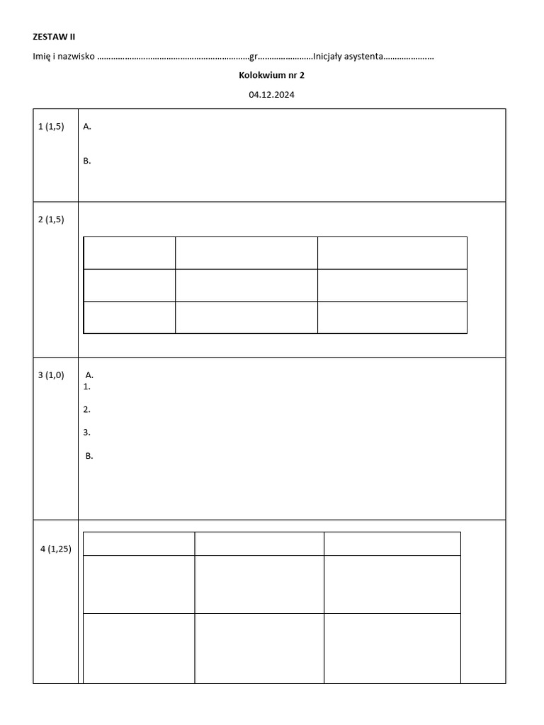 Arkusz Odpowiedzi Kolokwium 2 Zestaw II | PDF
