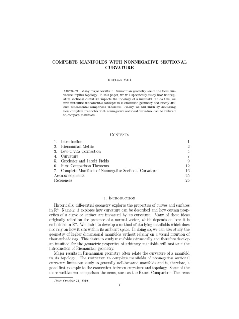 Yao. Complete Manifolds With Nonsectional Curvature, 2019. | PDF | Curvature | Manifold