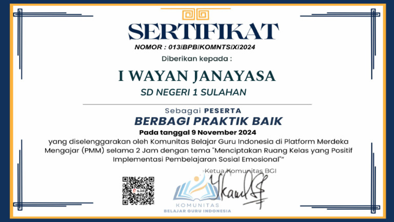 Sertifikat I Wayan Janayasa Berbagi Praktik Baik Menciptakan Ruang Kelas Yang Positif | PDF