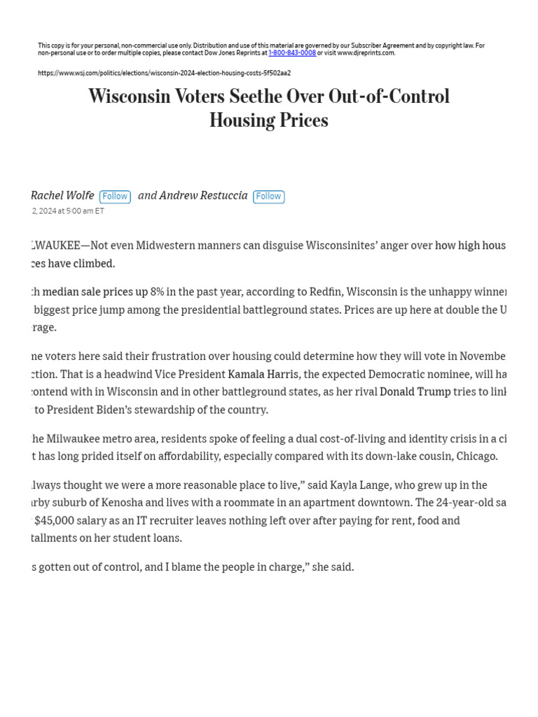 Wisconsin Voters Seethe Over Out-of-Control Housing Prices - WSJ | PDF | Cost Of Living | Joe Biden