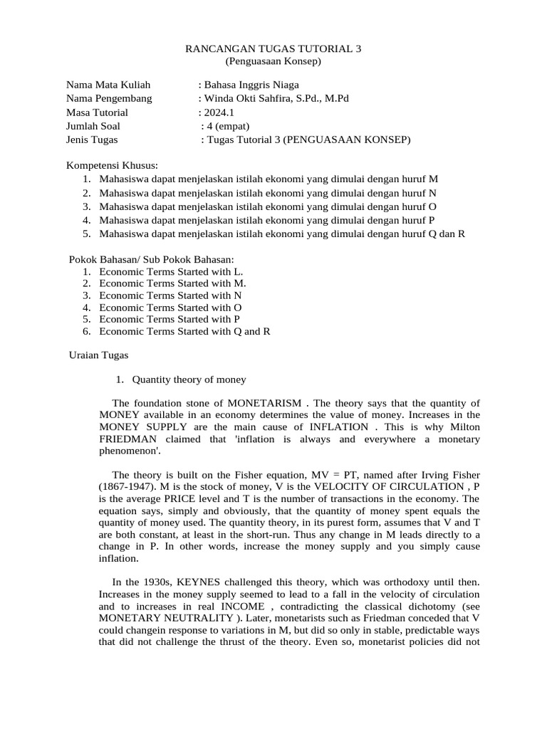 Soal Tugas Tutorial 3 Adbi 4201 | PDF | Monetarism | Quantity Theory Of Money