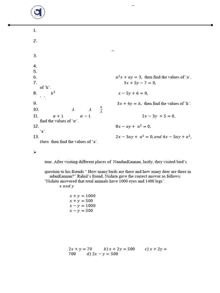 Class 9 Linear Equations Worksheet | PDF | Equations | Mathematics