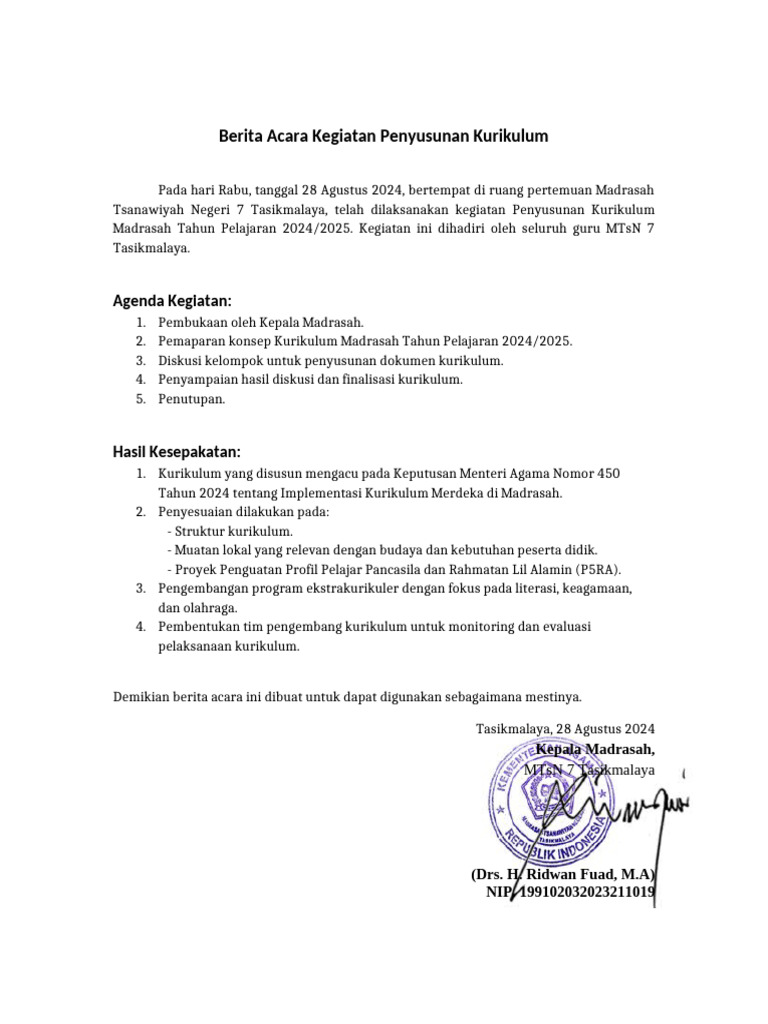 Berita Acara Dan Notulen Penyusunan Kurikulum | PDF