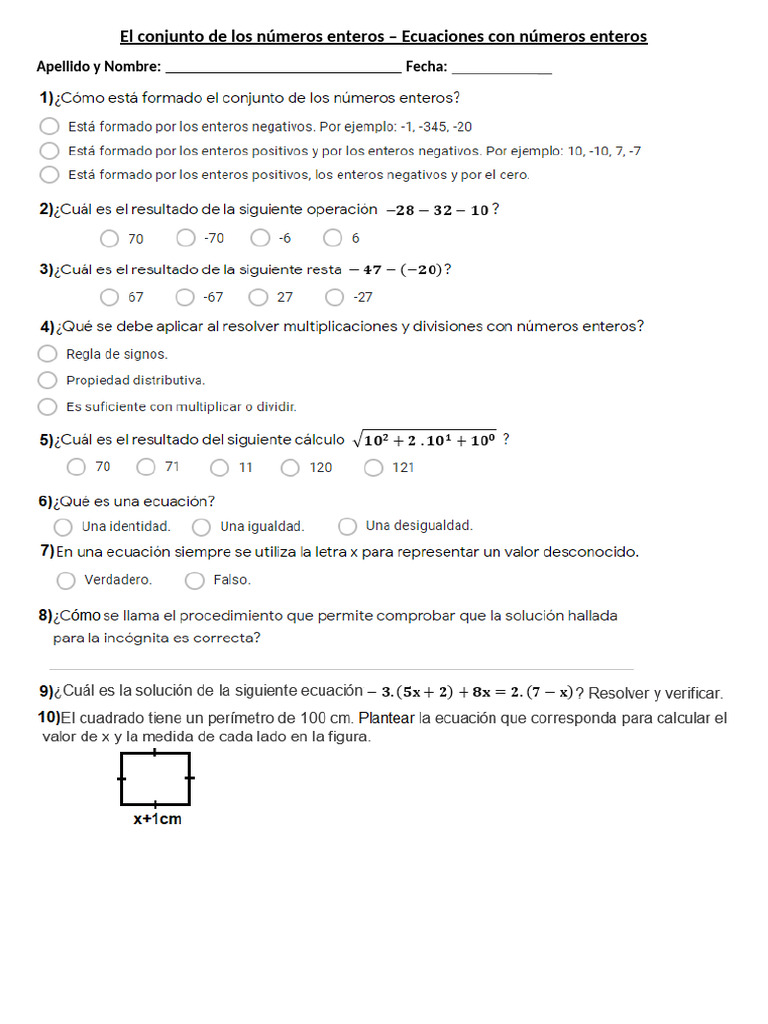 Evaluación - #Enteros - Múltiple Choice | PDF
