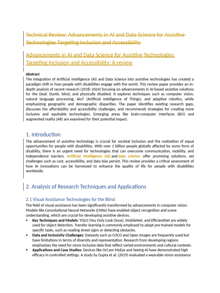 Technical Review Paper - Assisted Technologies for Challenged and ...