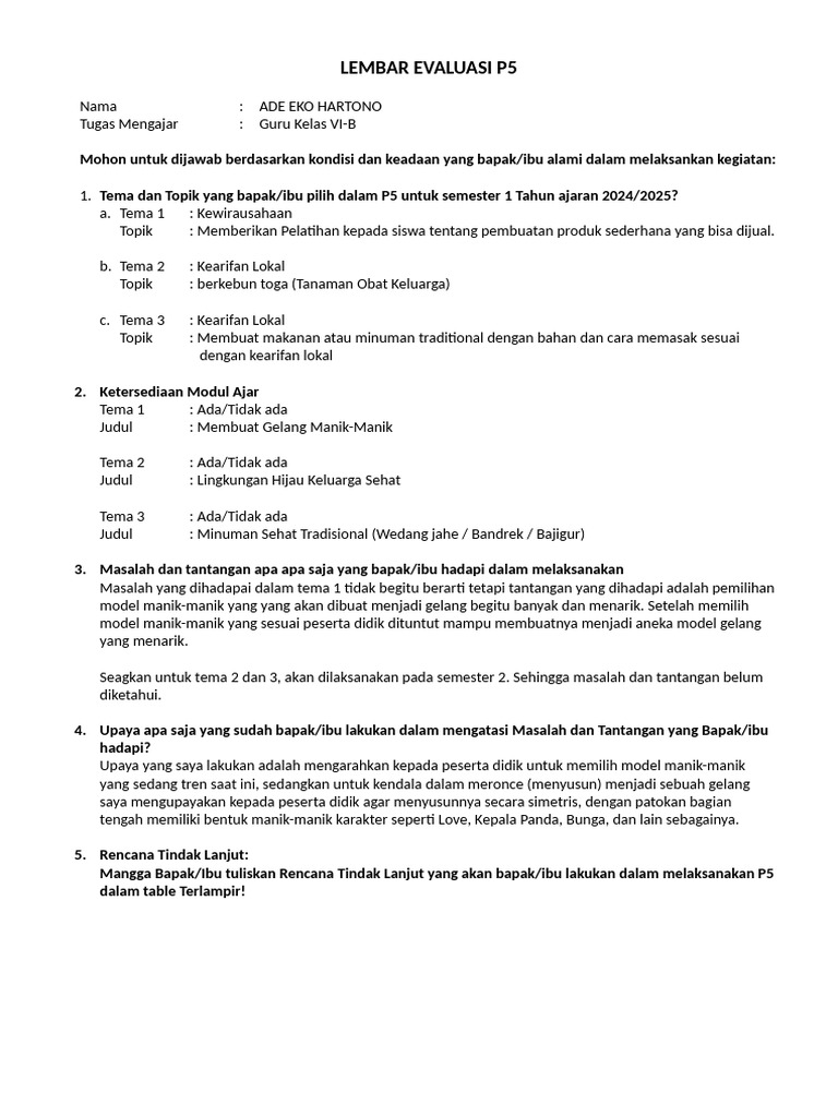 Ade Eko Hartono - Lembar Evaluasi P5 | PDF