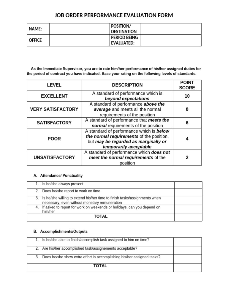 Job Order Performance Evaluation Form | PDF | Performance Appraisal ...